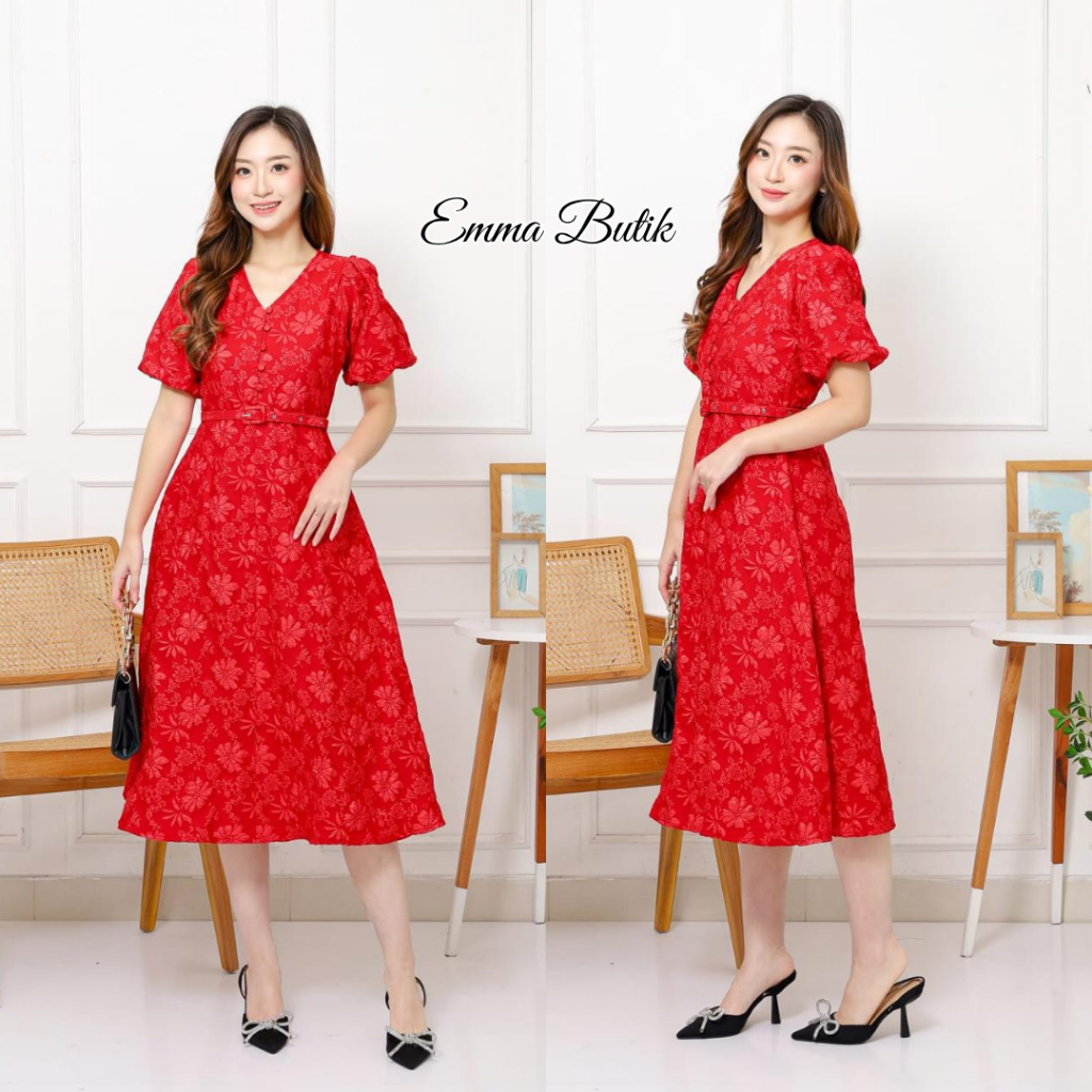 Jual Emma.Butik E00482 Gaun Jacquard Elegan Midi Dress Formal Wanita ...