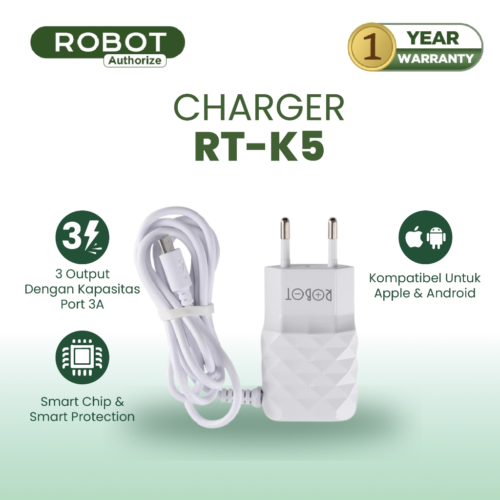 Jual ROBOT Charger Fast Charging 2.1A Dilengkapi Kabel Micro RT-K5 ...