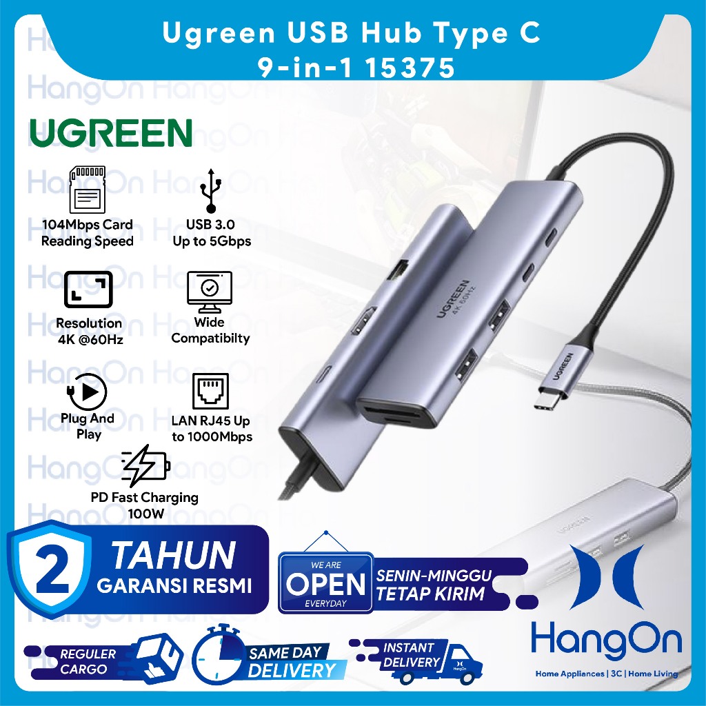 Jual Ugreen 15375 USB Hub 9-in-1 Type C to USB-A With Ethernet LAN Network 1000Mbps 4K HDMI Port ...
