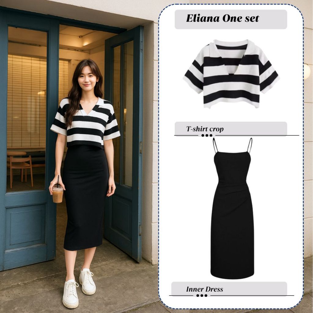 Jual Eliana Oneset Wanita Knit Crop Top Stripe Midi Knit Dress Hitam ...