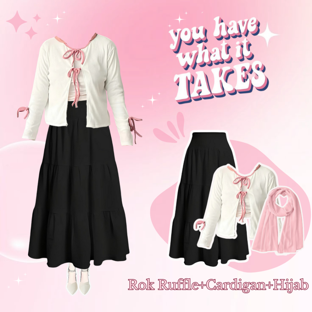 Jual One Set Blouse Korea Style 3in1 ( Blouse, Rok Ruffle, dan Jilbab ...