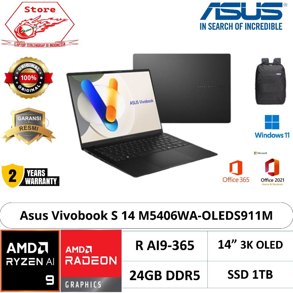 Jual Asus Vivobook S 14 M5406WA-OLEDS911M/Ryzen AI 9 365/24GB/1TB SSD ...