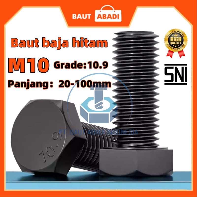 Jual Baut baja hitam M10 Grade 10.9 hex full drat / Half drat / baut mur / hex bolt / ring plat ...