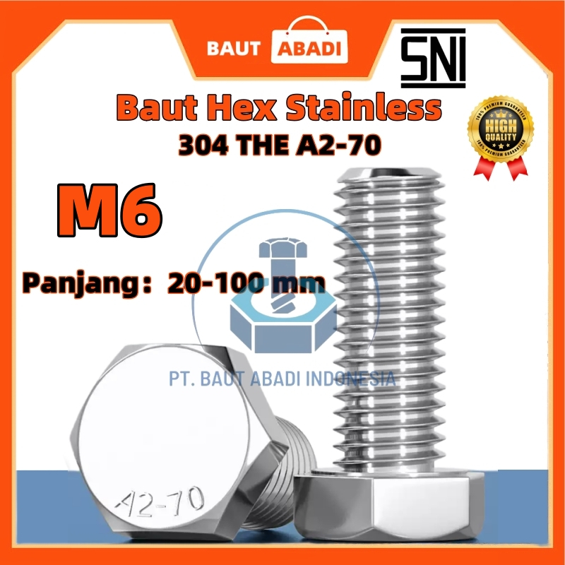 Jual Baut Hex Stainless M6 SS 304 THE A2-70 / SUS 304 Baja tahan karat / Baut Mur Hex Stainless ...