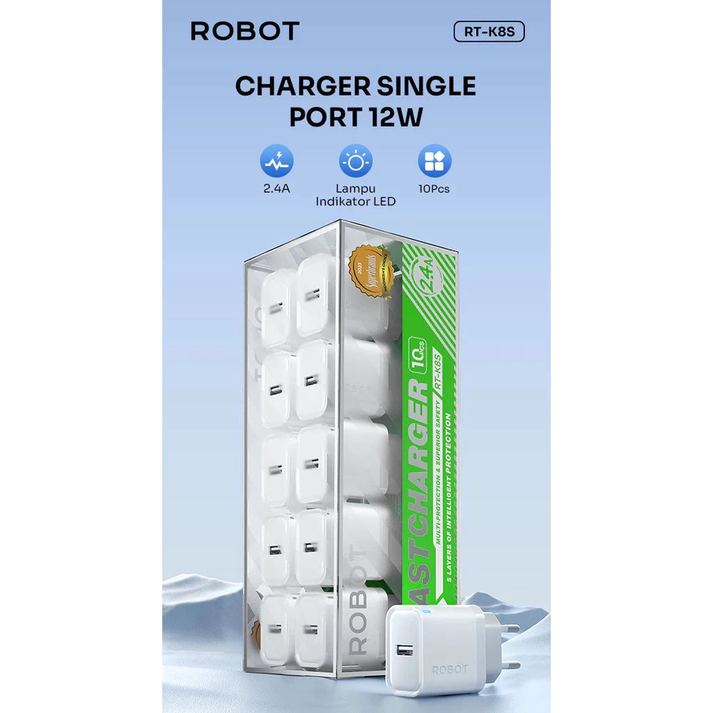 Jual ( 1 Pcs ) Charger ROBOT RT-K8S Fast Charger 2.4A Single Port 12W ...