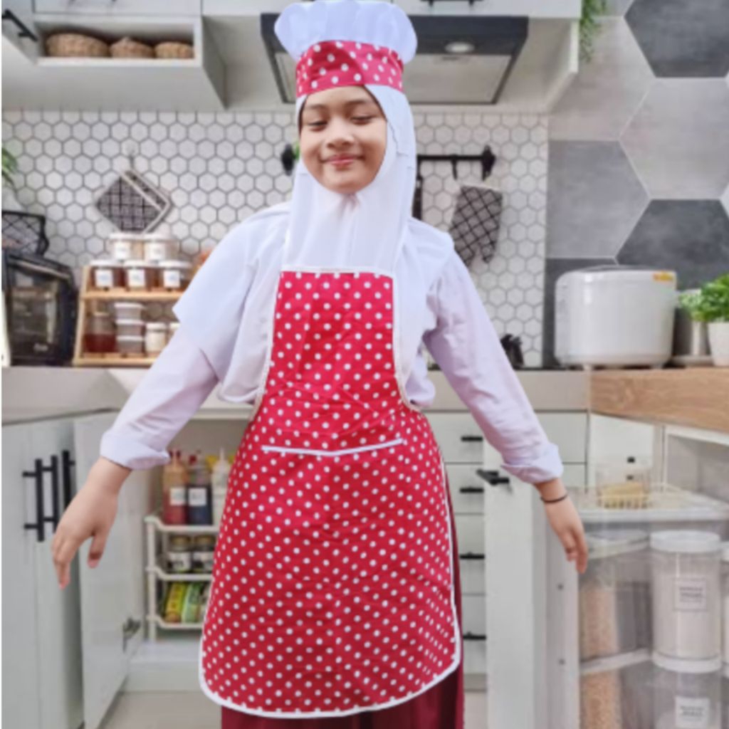 Jual Apron Celemek Anak Set Topi Koki Cheff Kombinasi Usia 9-15thn ...