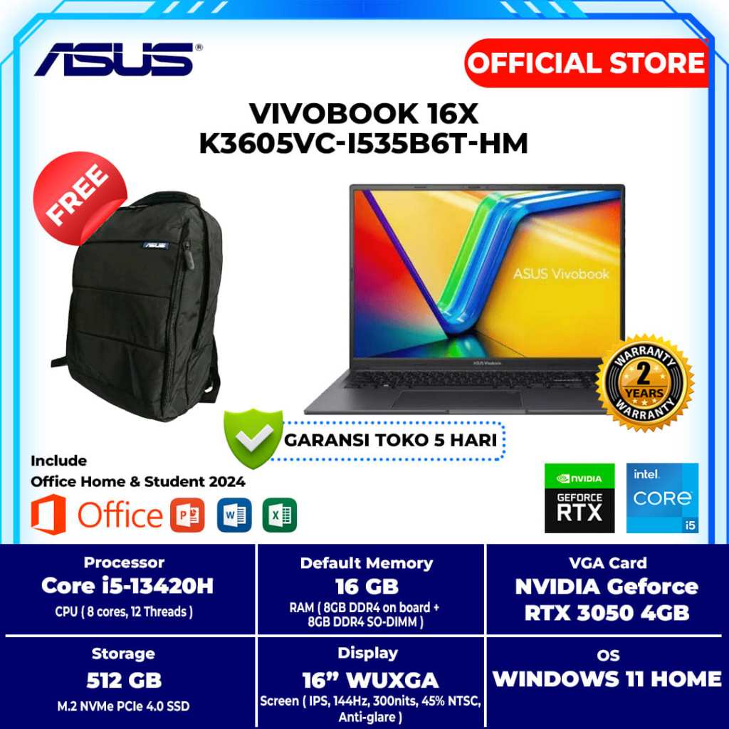 Jual ASUS VIVOBOOK 16X K3605VC-I535B6T-HM INTEL CORE I5-13420H RTX3050 16GB 512GB W11+OHS2024 ...