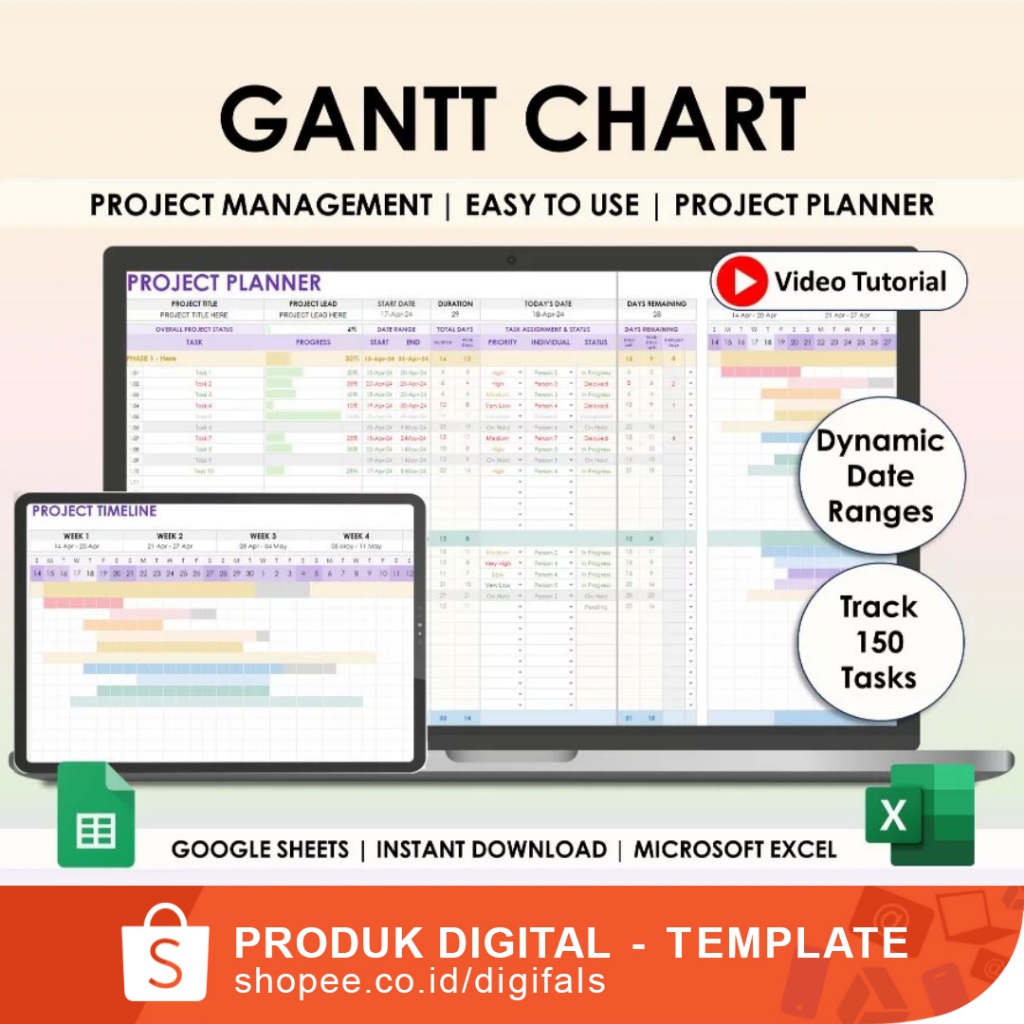 Jual Gantt Chart GoogIe Sheets ExceI Spreadsheet Project Planner ...
