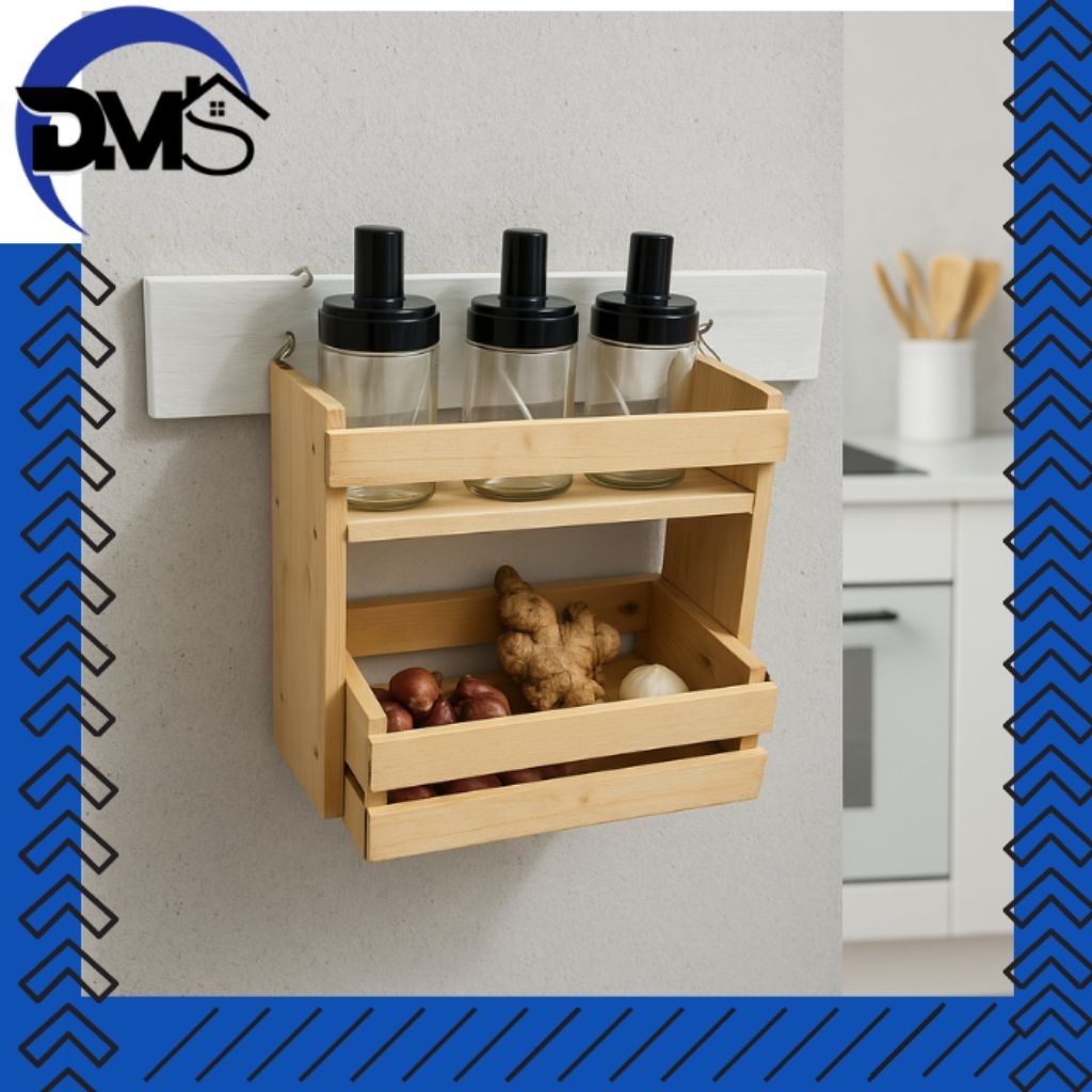 Jual Rak bumbu kayu gantung minimalis 2 susun/Rak kayu tempel dinding ...