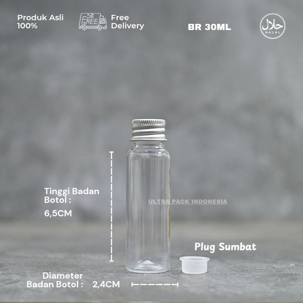 Jual KEMASAN MINUMAN BOTOL FOOD GRADE - BOTOL PET BR 30ML CLEAR + PLUG SUMBAT + TUTUP ULIR ...