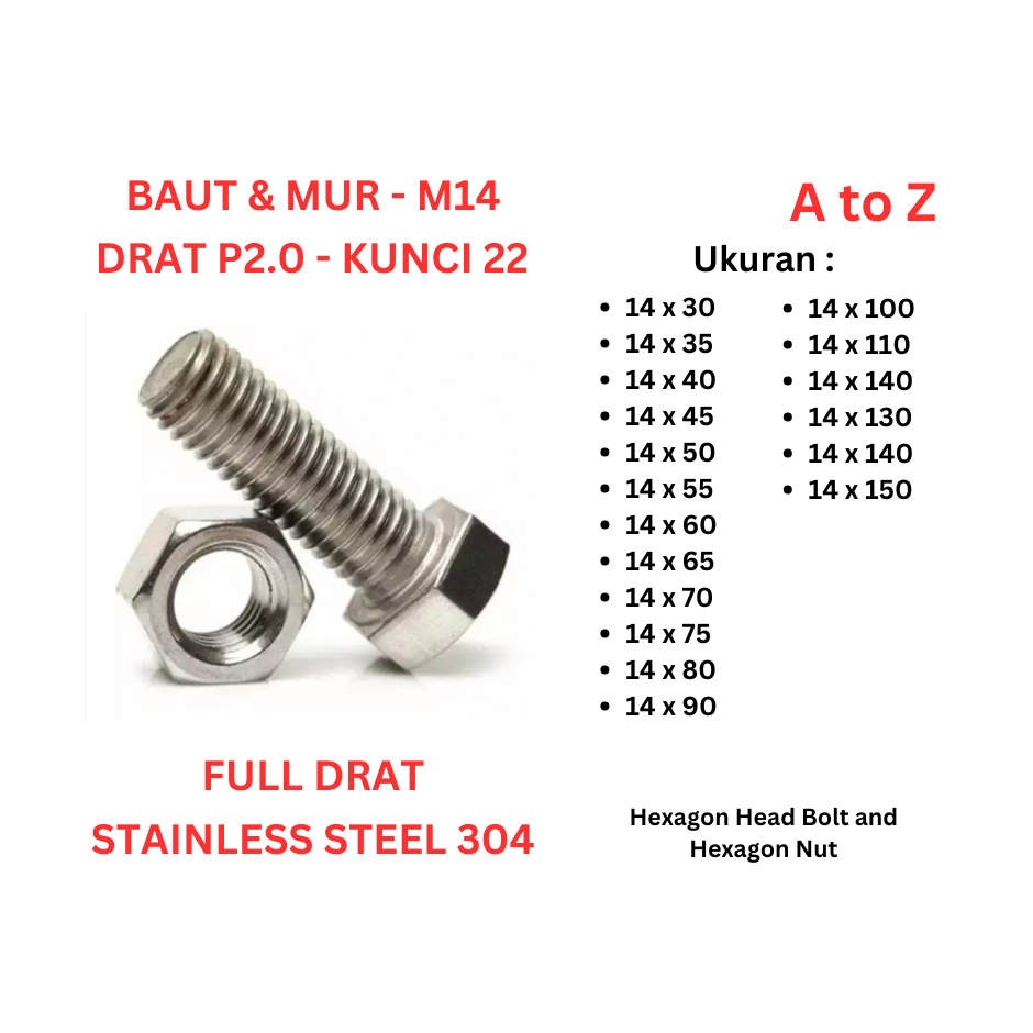 Jual Baut Mur SS 304 - M14 x 30 / 35 / 40 / 45 / 50 / 55 / 60 / 65 / 70 ...