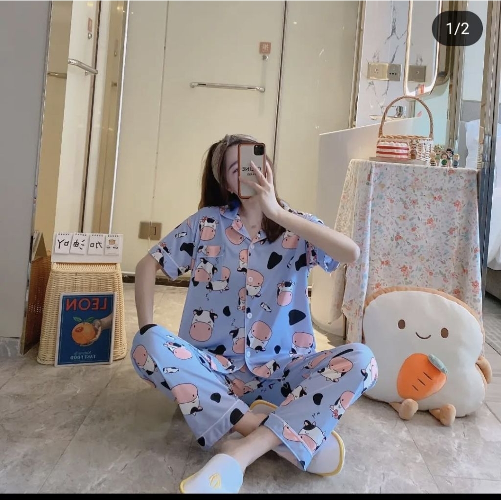 Jual PIYAMA IMPORT KANCING CP MOTIF SAPI | Shopee Indonesia
