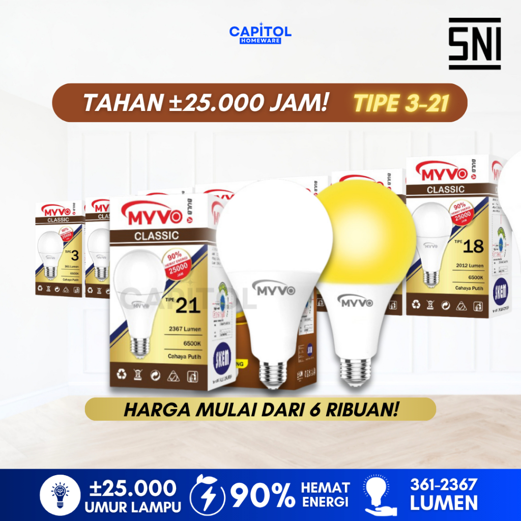 Jual Lampu LED Bohlam Putih Tipe 21/18/15/12/9/7/5/3 Classic Myvo | Shopee Indonesia