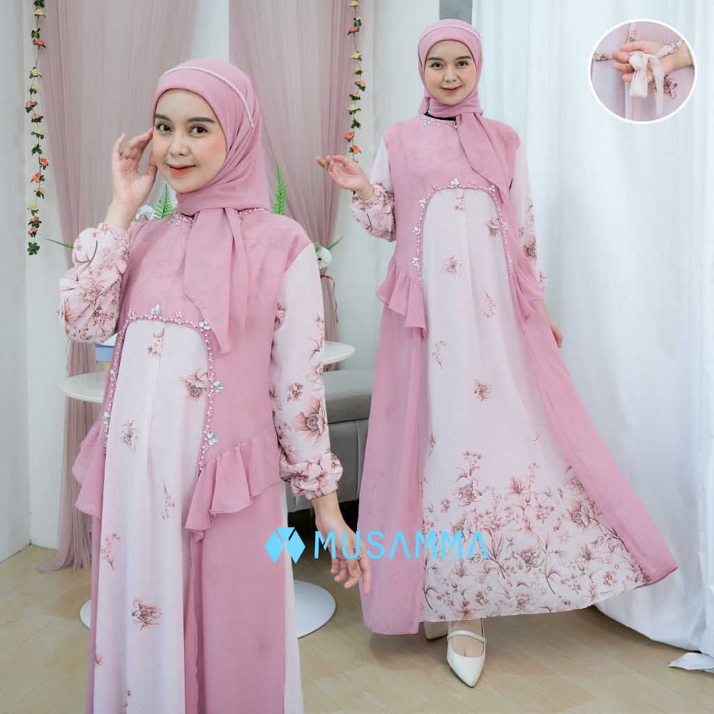 Jual KALUNA DRESS - Gamis Ceruty Polos Mix Ceruty Print Full Furing ...