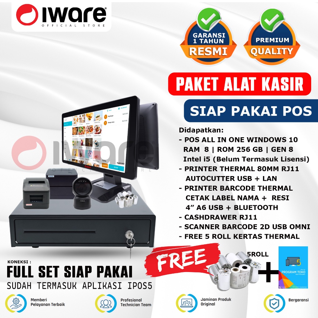 Jual Iware Paket Mesin Kasir Intel i5 8/256GB Windows 10 with Printer ...