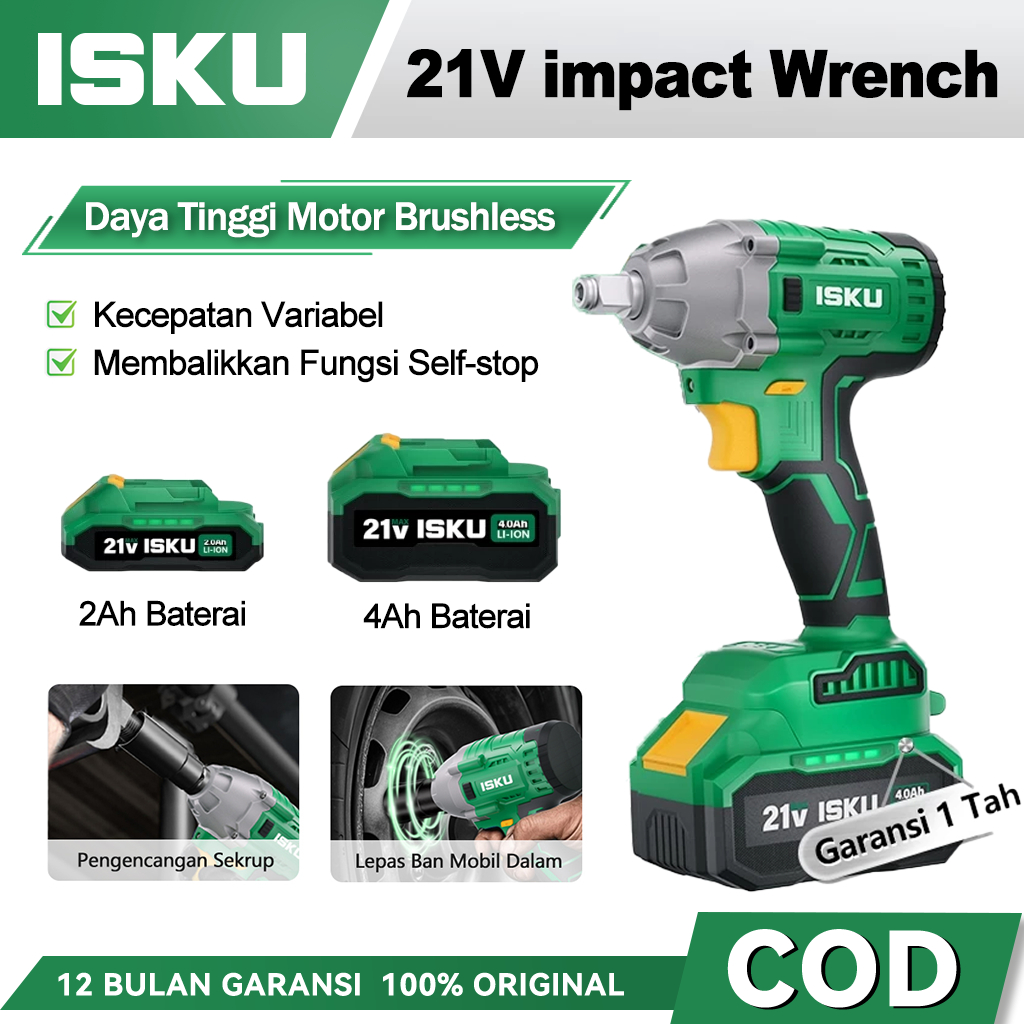 Jual ISKU Impact Wrench 21V Impact Baterai Brushless 350N.M Electric ...