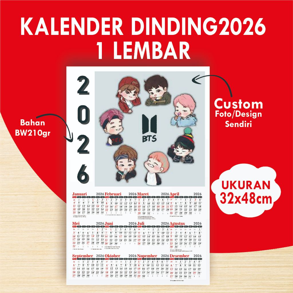 Jual KALENDER DINDING 2026 CUSTOM DESAIN FOTO KALENDER 1 LEMBAR 12 ...