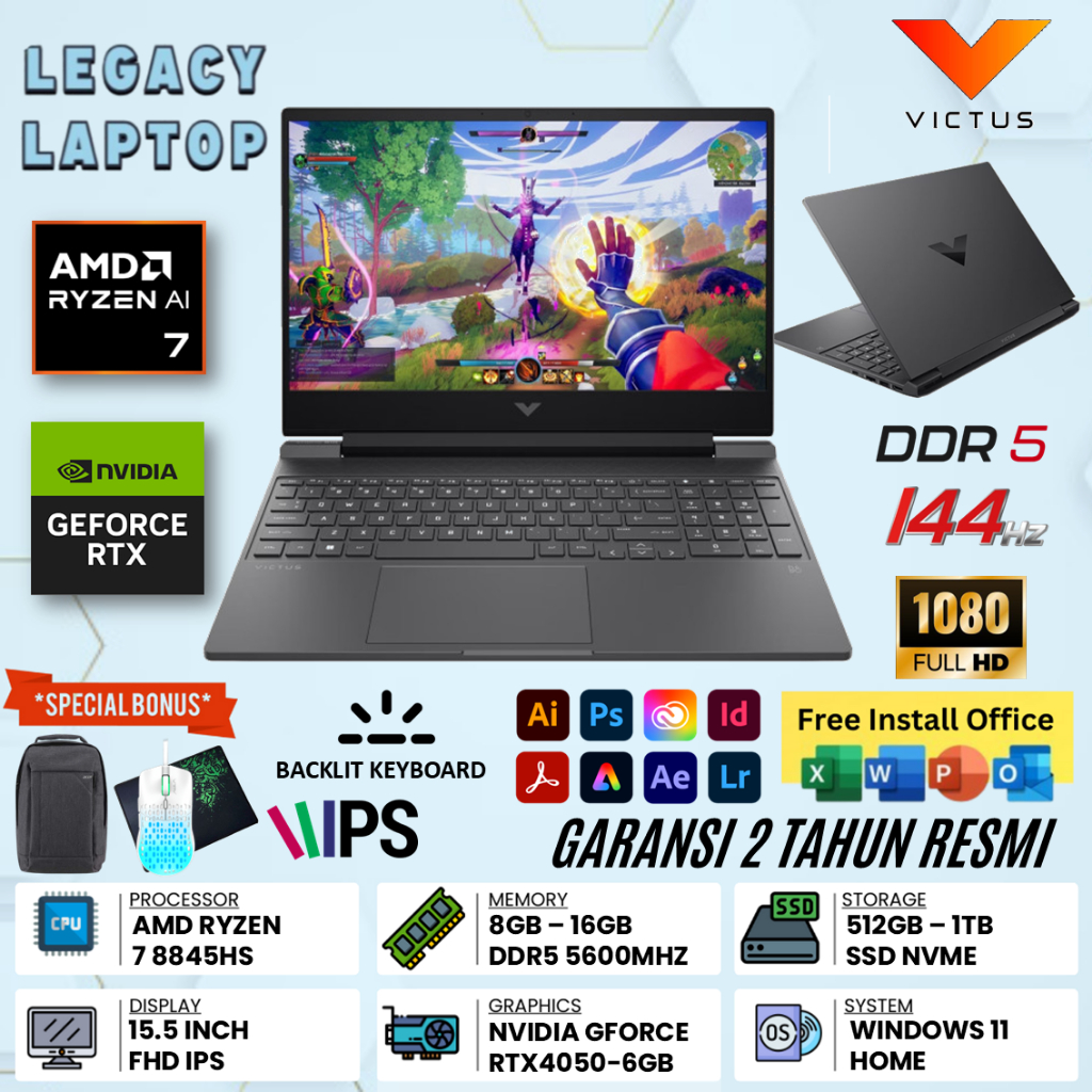 Jual Laptop Gaming HP Victus 15 AMD Ryzen 7 8845HS Ram 16GB 1TB SSD ...