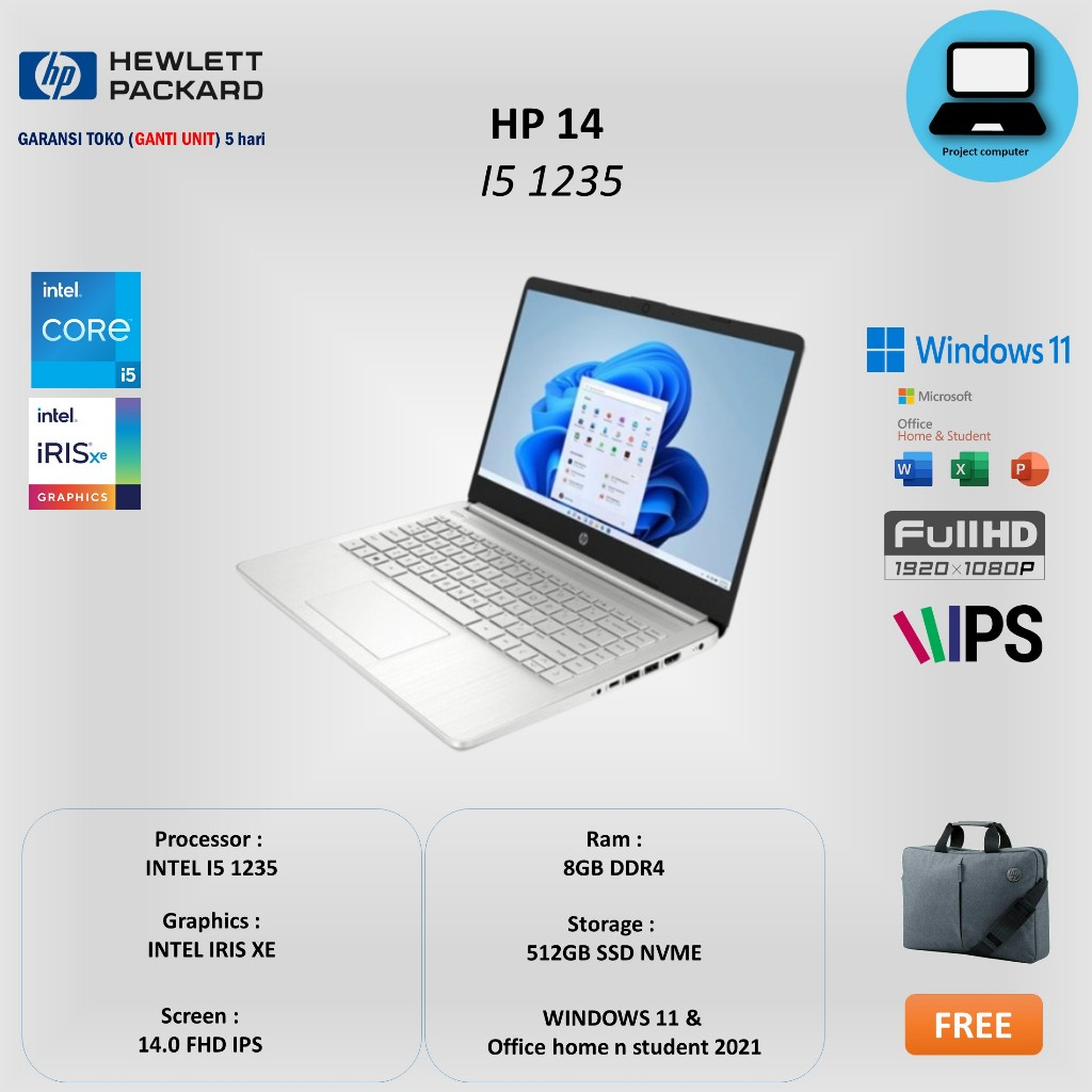 Jual HP 14 I5 1235 8GB 512GB W11+OHS 14.0FHD IPS BLIT 2Y SLV | Shopee ...