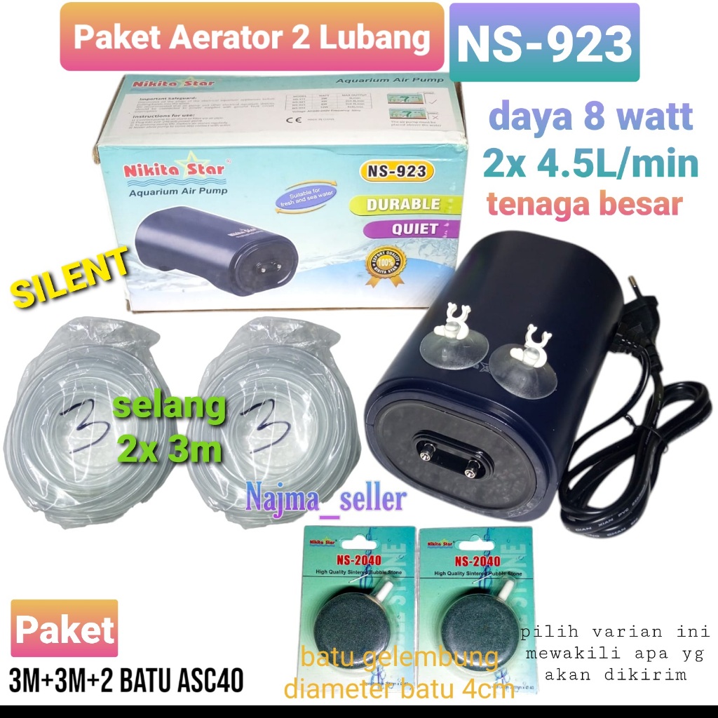Jual NAJMASELLER || Paket Aerator 2 Lubang NS-923. SILENT, tenaga besar. Daya 8 watt. 2x 4.5L ...