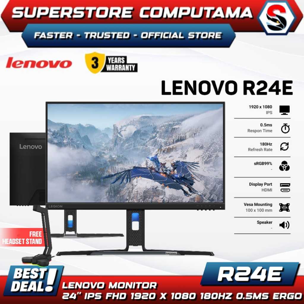 Jual Monitor LED LENOVO R24E 24" IPS FHD 1920x1080 180Hz 0.5ms HDMI DP ...