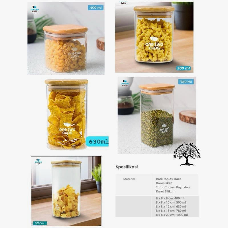 Jual One Two Cups Stoples Toples Kaca Kotak Seal Kedap Udara Tutup Kayu / Square Glass Jar With ...