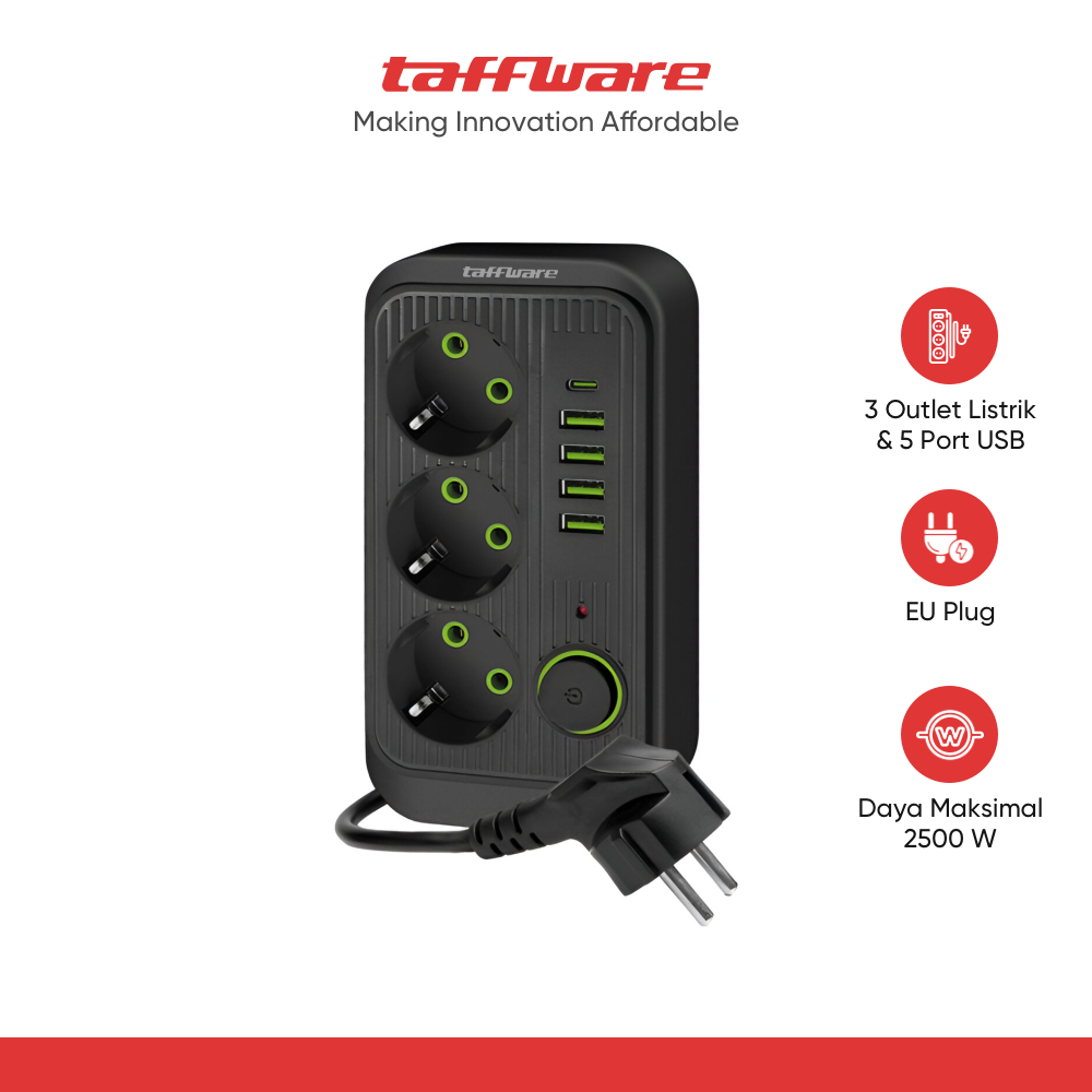 Jual Taffware Stop Kontak 3 Plug 4 USB 1 USB Type C 10A 250V 2500W 2.1A - QL-1074U | Shopee ...