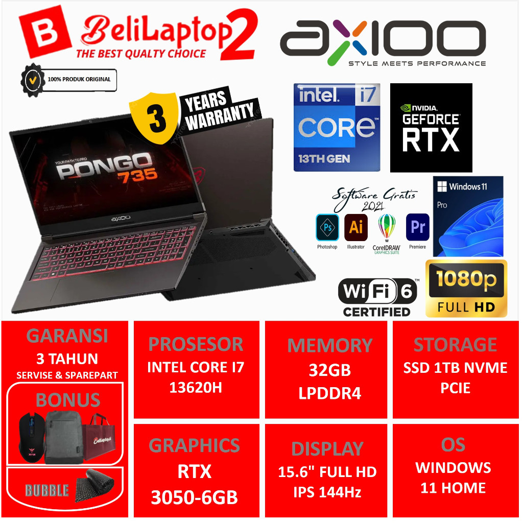 Jual Laptop Gaming Axioo Pongo 735 Intel i7 13620H 32GB SSD 1TB RTX3050 ...