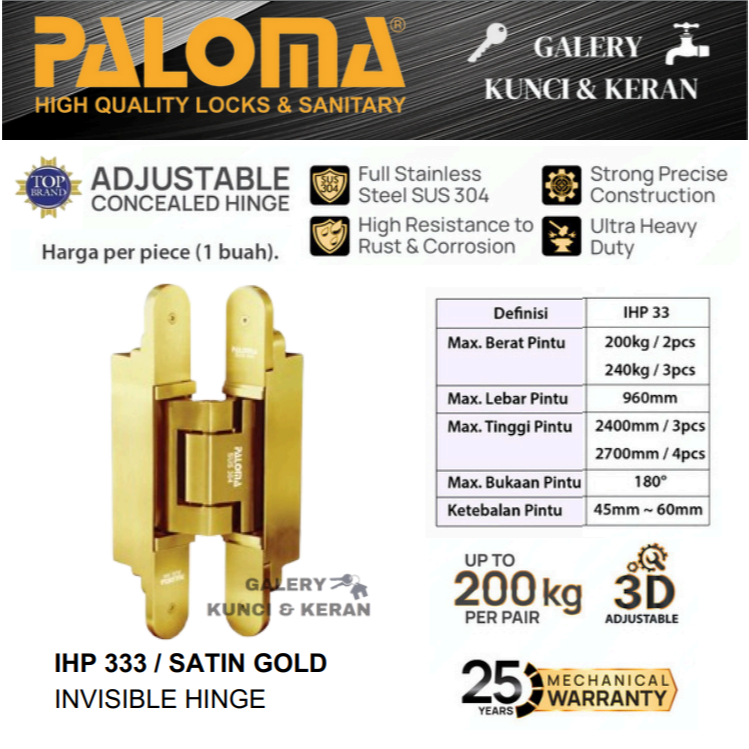 Jual PALOMA IHP 333 Engsel Tanam Invisible Concealed Hinge Pintu ...