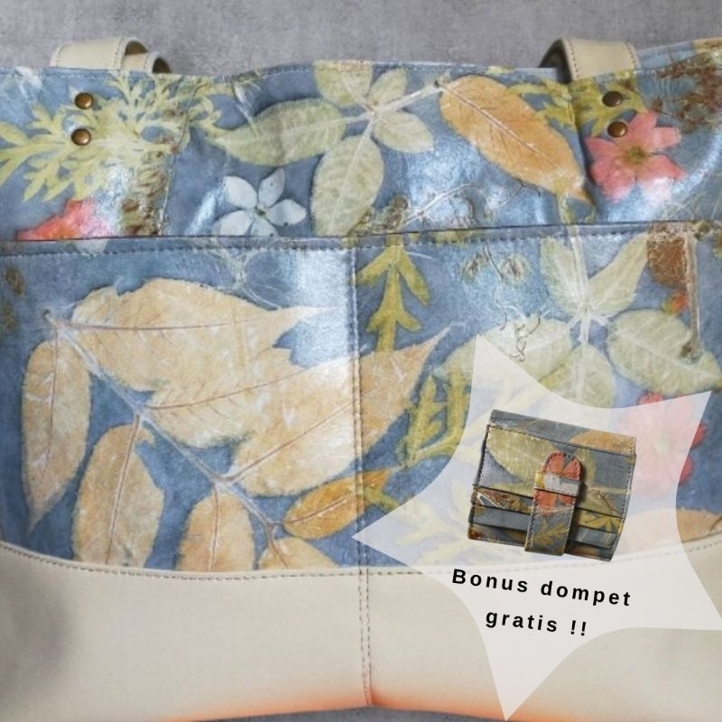 Jual tote bag tas kulit ecoprint warna alami motif cetak daun original ...