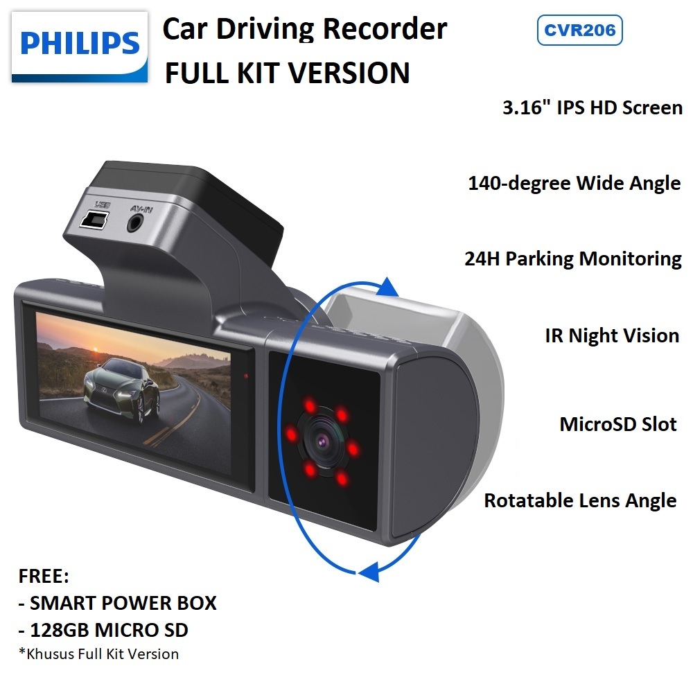 Jual PHILIPS CVR206 FULL KIT - Dashcam Car DVR Camera FHD Resolution ...