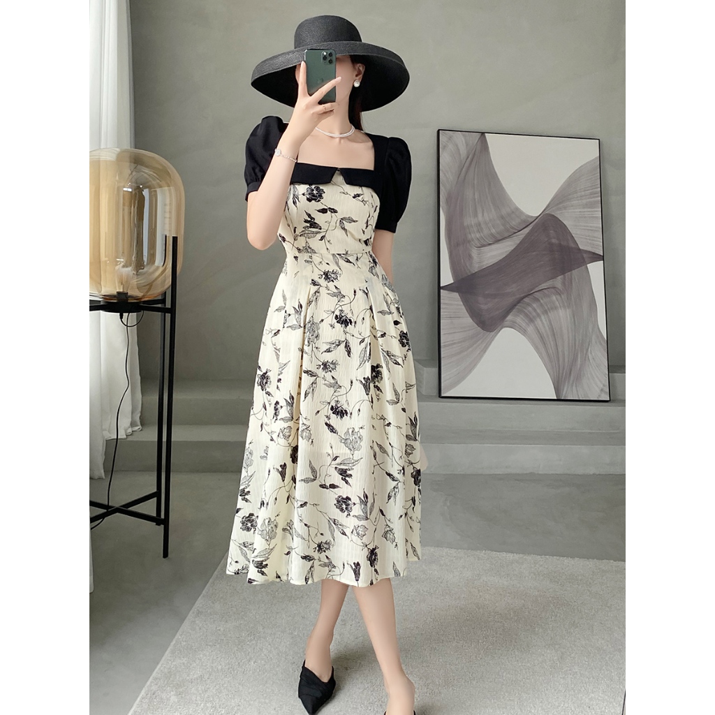 Jual EMITA BLOOM long dress hitam bunga lengan pendek dress natal ...
