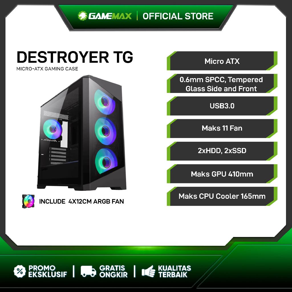 Jual Casing PC GameMax Destroyer Tempered Glass Micro ATX Gaming PC ...