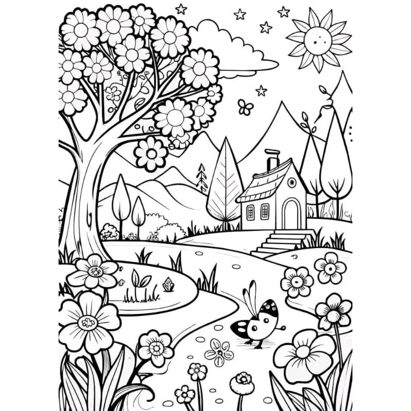 Jual Gambar mewarnai Sketsa Pemandangan Indah kebun bunga (Random) isi ...