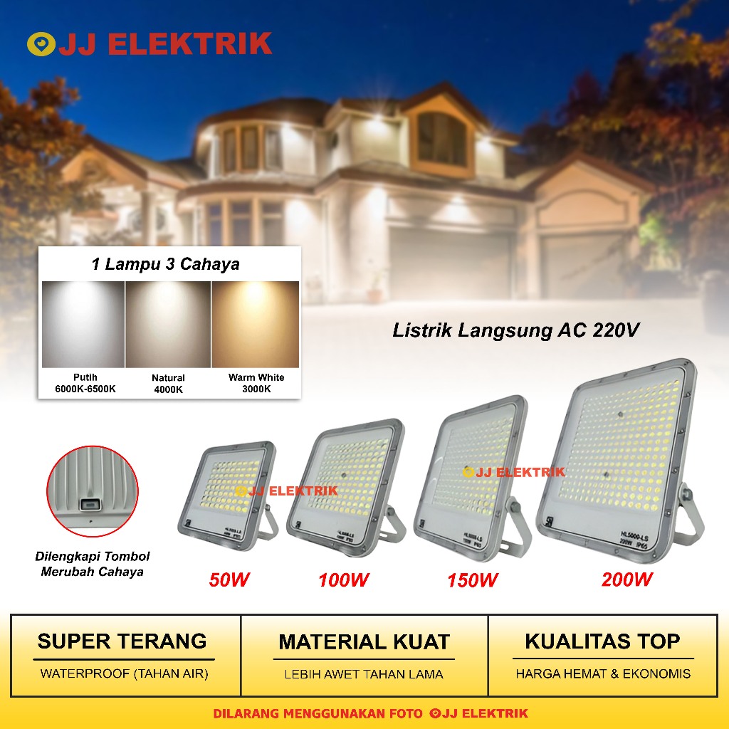 Jual Lampu Sorot LED 3 Warna Cahaya 50W 100W 150W 200W - Lampu Tembak Waterproof Taman, Halaman ...