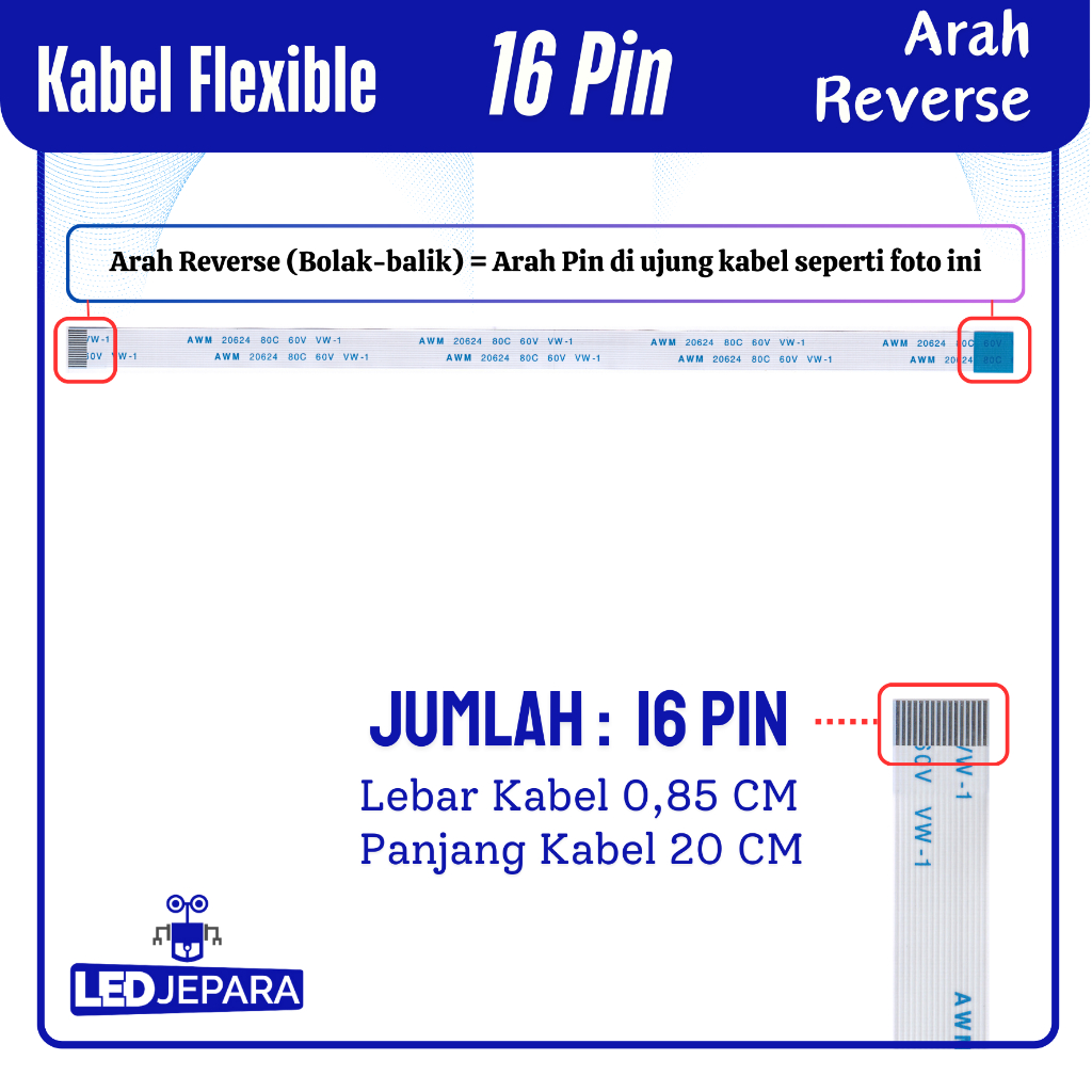 Jual Kabel Fleksibel FFC 16 pin Lebar 8,5 mm Panjang 20 cm Reverse ...