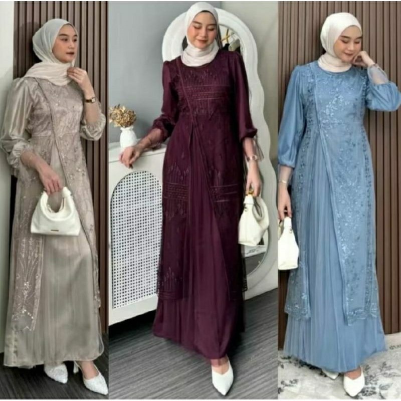 Jual Kinar Dress Kondangan Mix Tille Premium Dree Burgundy Terbaru Wanita Mewah Elegan Gamis ...