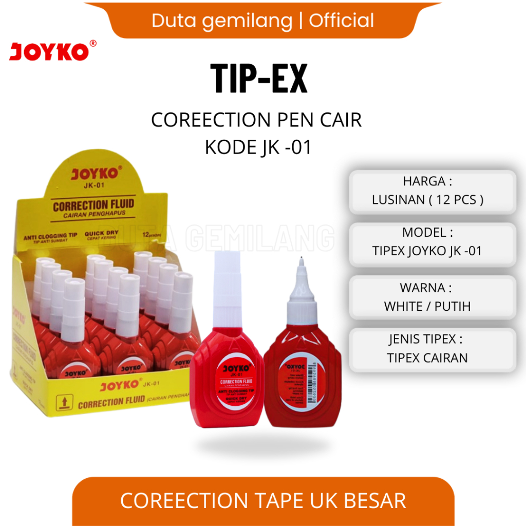 Jual Tipex cair joyko jk-01 / Correction Fluid / tipex Cair Botol Merah ...