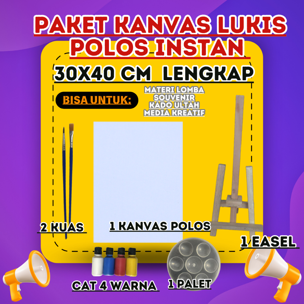 Jual Paket Kanvas Lukis instan 30x40cm polos lengkap cat, kuas, palet ...