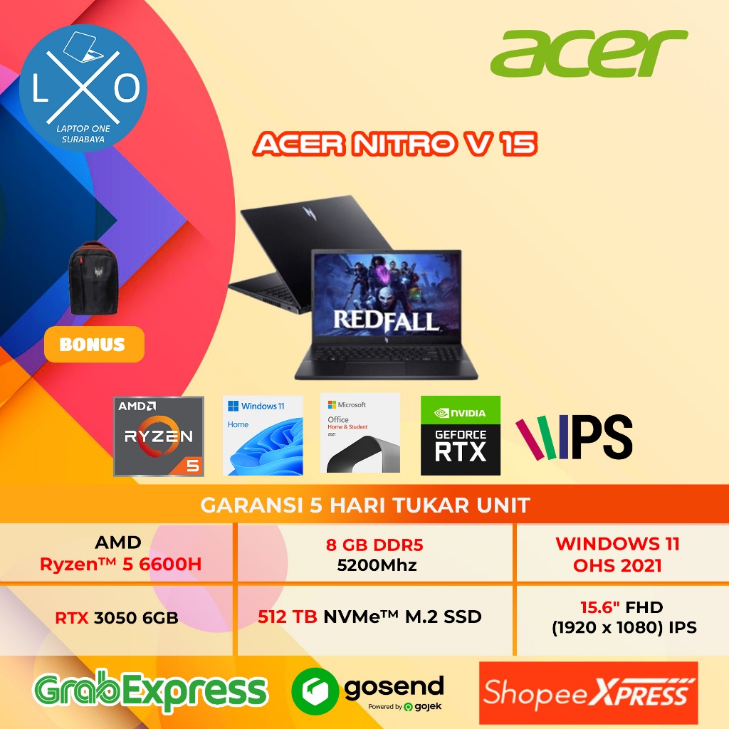 Jual ACER NITRO V 15 RYZEN 5 6600H RTX3050 6GB/ 8GB 512GB W11+OHS 15 ...