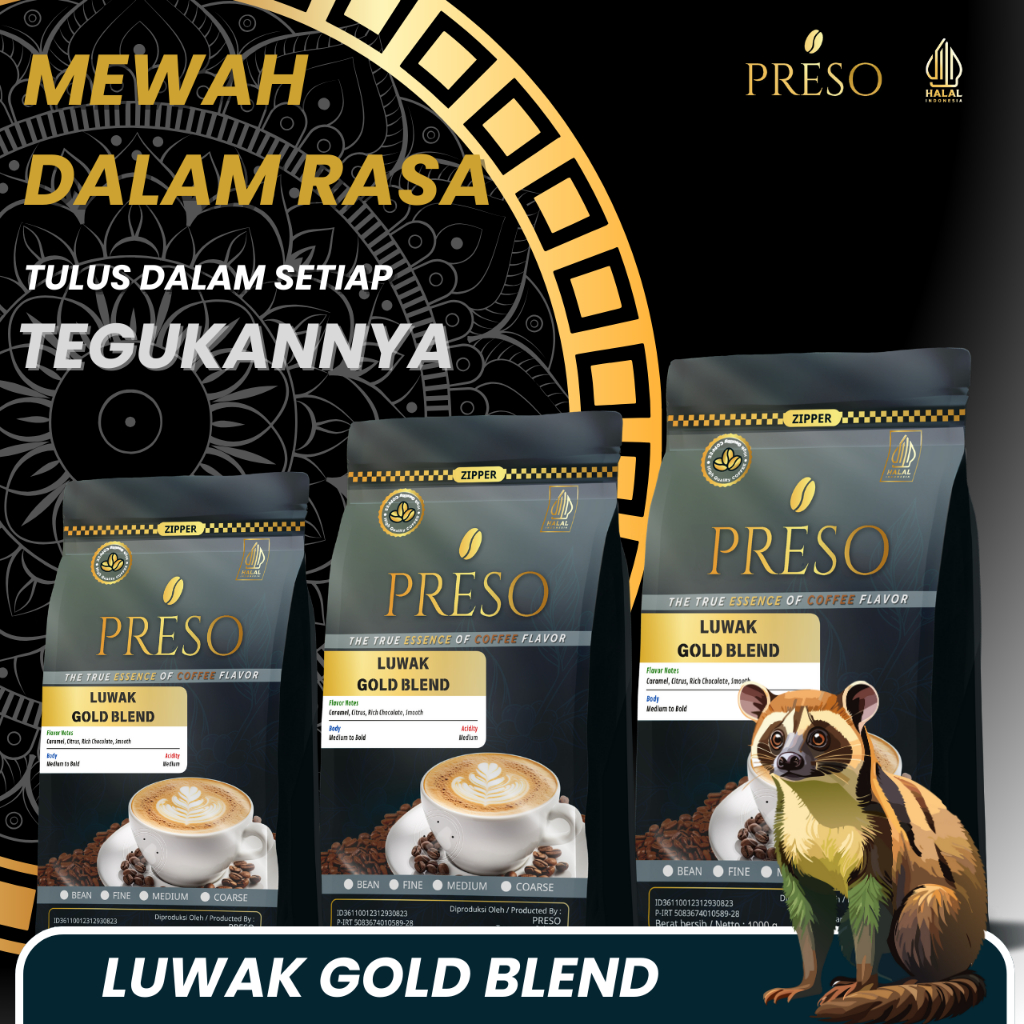 Jual PRESO Biji Kopi Bubuk Luwak Gold Blend House Blend 80% Luwak 20% Robusta Coffee (200g, 500g ...