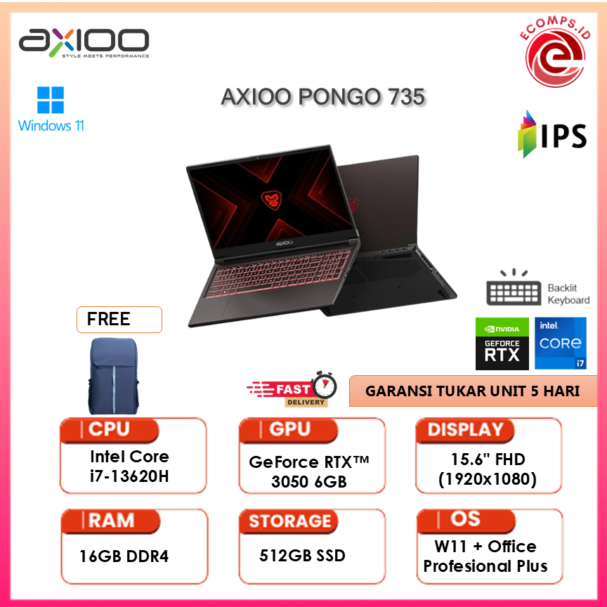 Jual AXIOO PONGO 735 RTX 3050 6GB Intel Core i7 - 13620H 512GB SSD 15,6 ...