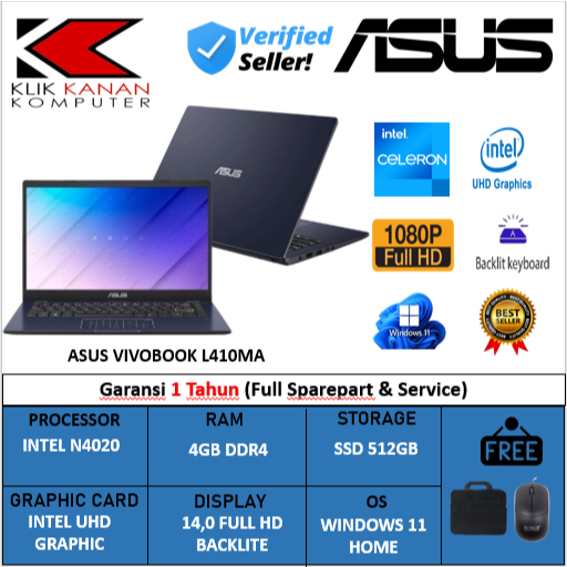 Jual Laptop Sekolah Murah Asus L410ma Intel N4020 4gb ssd 512gb 14fhd ...