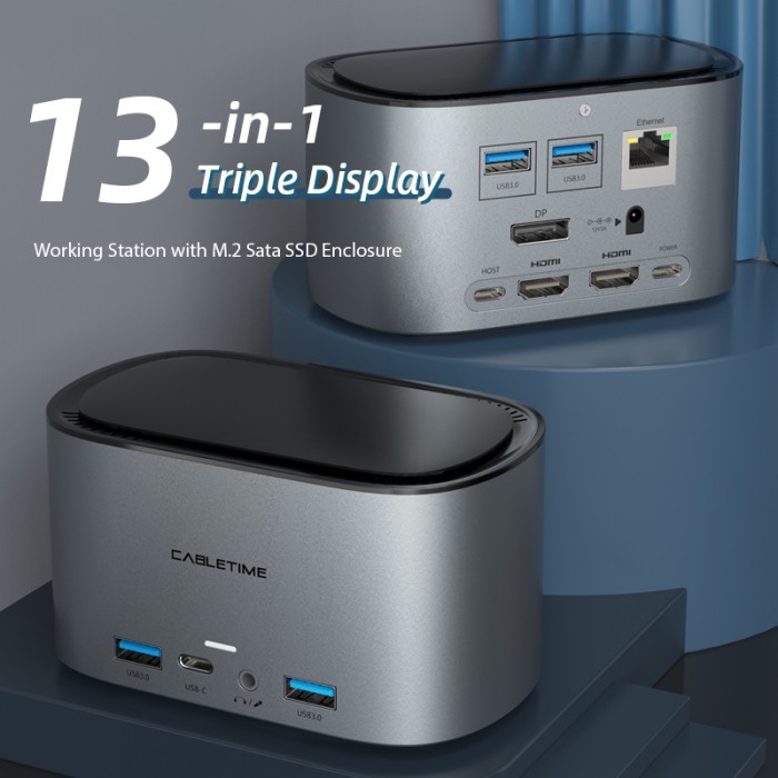 Jual Multiport USB Type C 13 in 1 MST Docking CABLETIME HDMI DP RJ45 Aux PD with M.2 Sata SSD ...