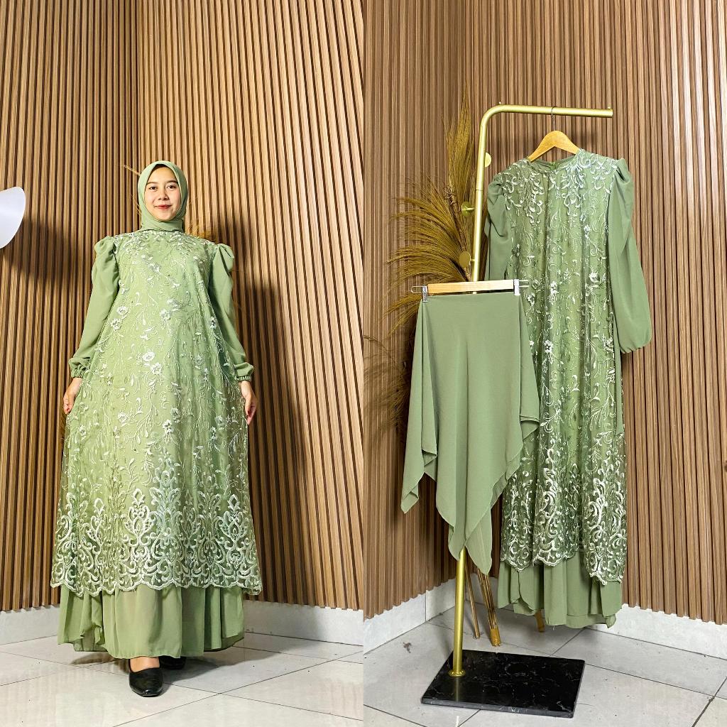 Jual Gaun Brukat Bordir Serut Tangan Lengan Panjang Warna Pastel Set ...