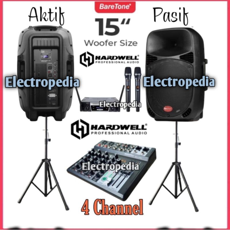Jual Paket Sound System Speaker Aktif Pasif 15Inch Baretone 15MB 15MW Mixer Hardwell 4ch Mic ...