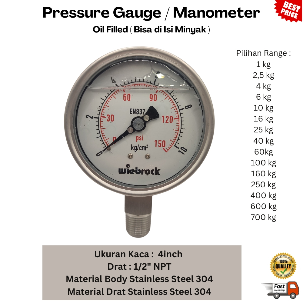 Jual Pressure Gauge 4" inch Drat 1/2 Material Stainless Steel Merk ...