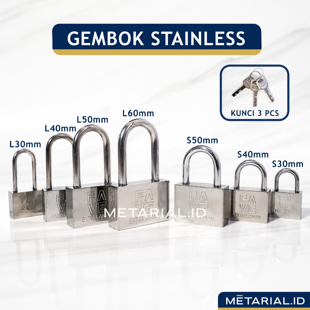 Jual Gembok Stainless FAVE Besi Baja Leher Panjang/Pendek 30mm 40mm ...