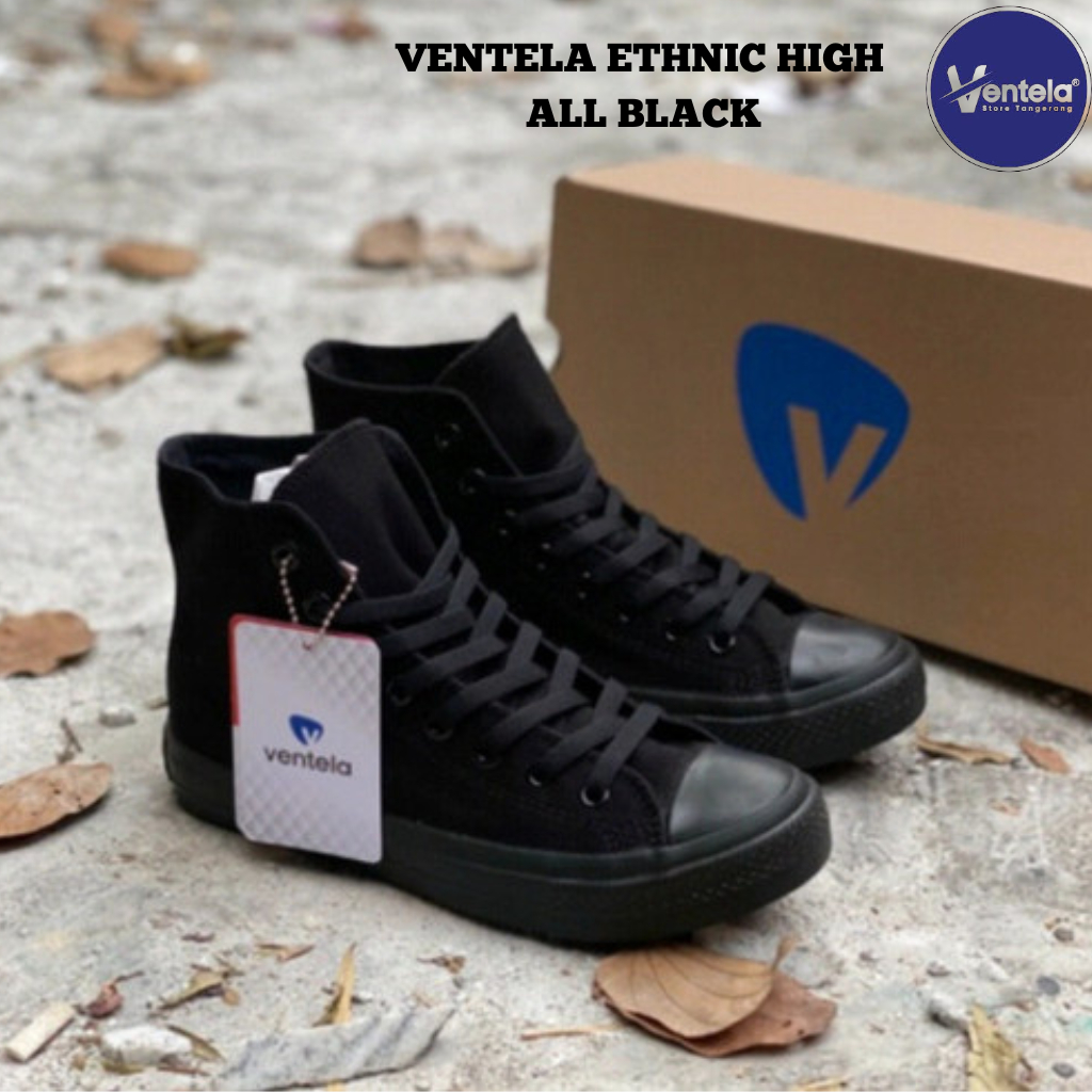 Jual VENTELA ETHNIC HIGH ALL BLACK ORIGINAL 100 % / SEPATU SEKOLAH / SEPATU TREND | Shopee Indonesia
