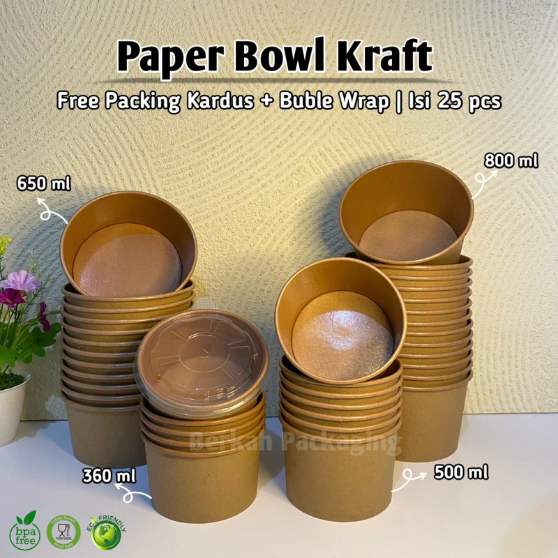 Jual (25pcs) Paper Bowl Kraft Coklat Laminasi | Mangkok Kertas + Tutup | Paper Rice Bowl ...